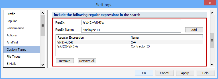 Including Regular Expressions When Searching for Custom Types